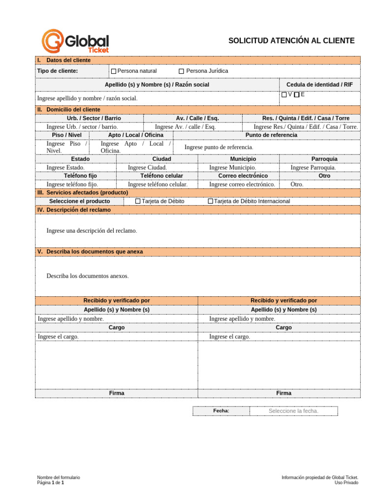 Solicitud de Atención al Cliente Formulario | PDF | Industrias de servicio