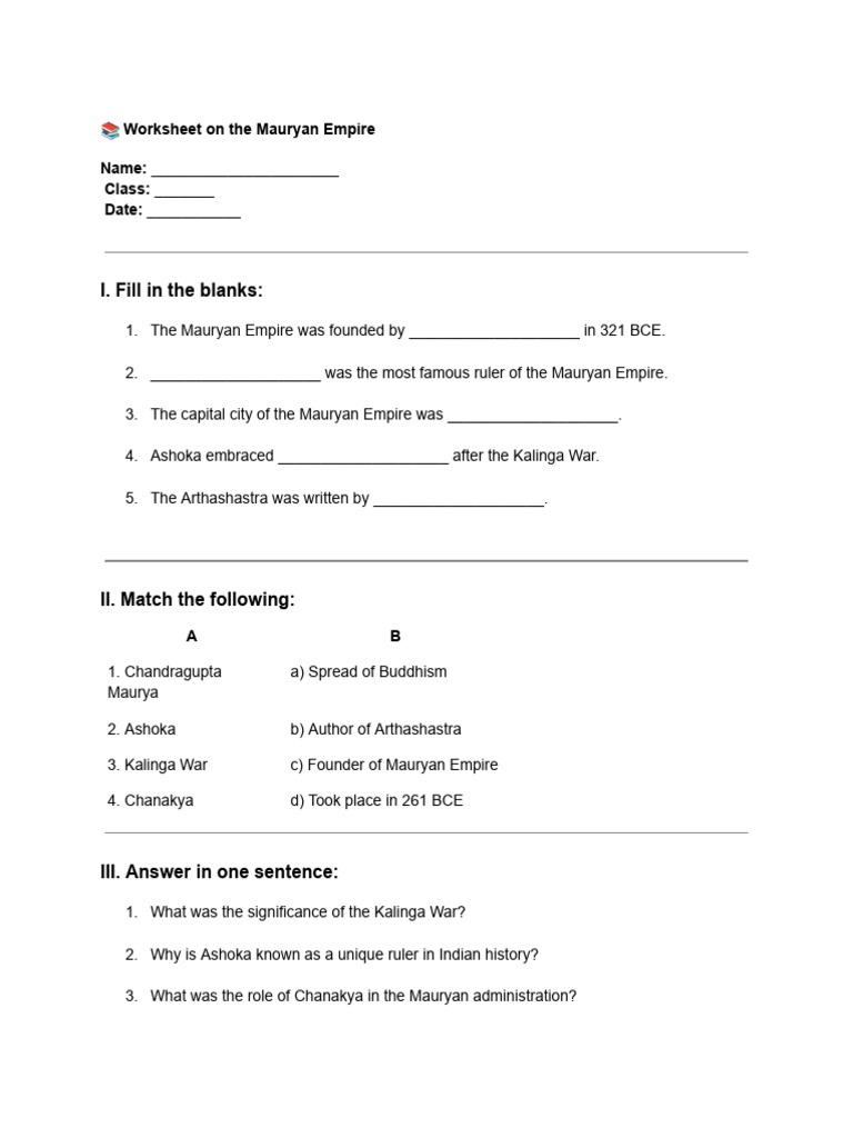 ? Worksheet On The Mauryan Empire | PDF