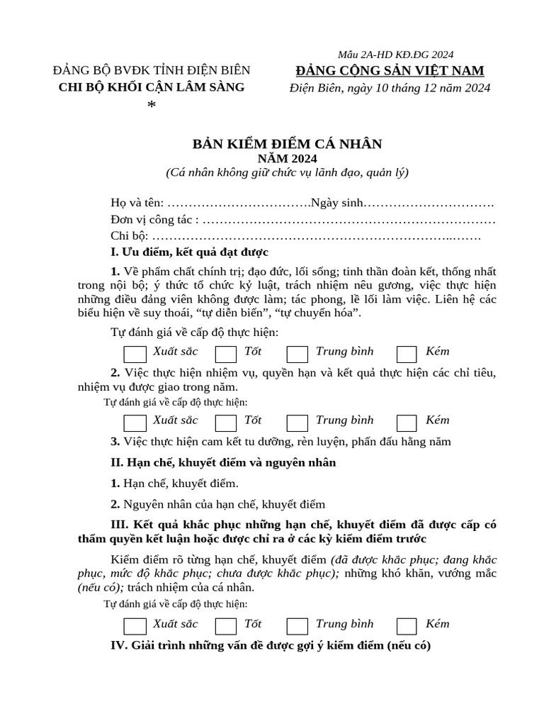 Mẫu Kiểm Điểm Cá Nhân Mẫu 02A | PDF