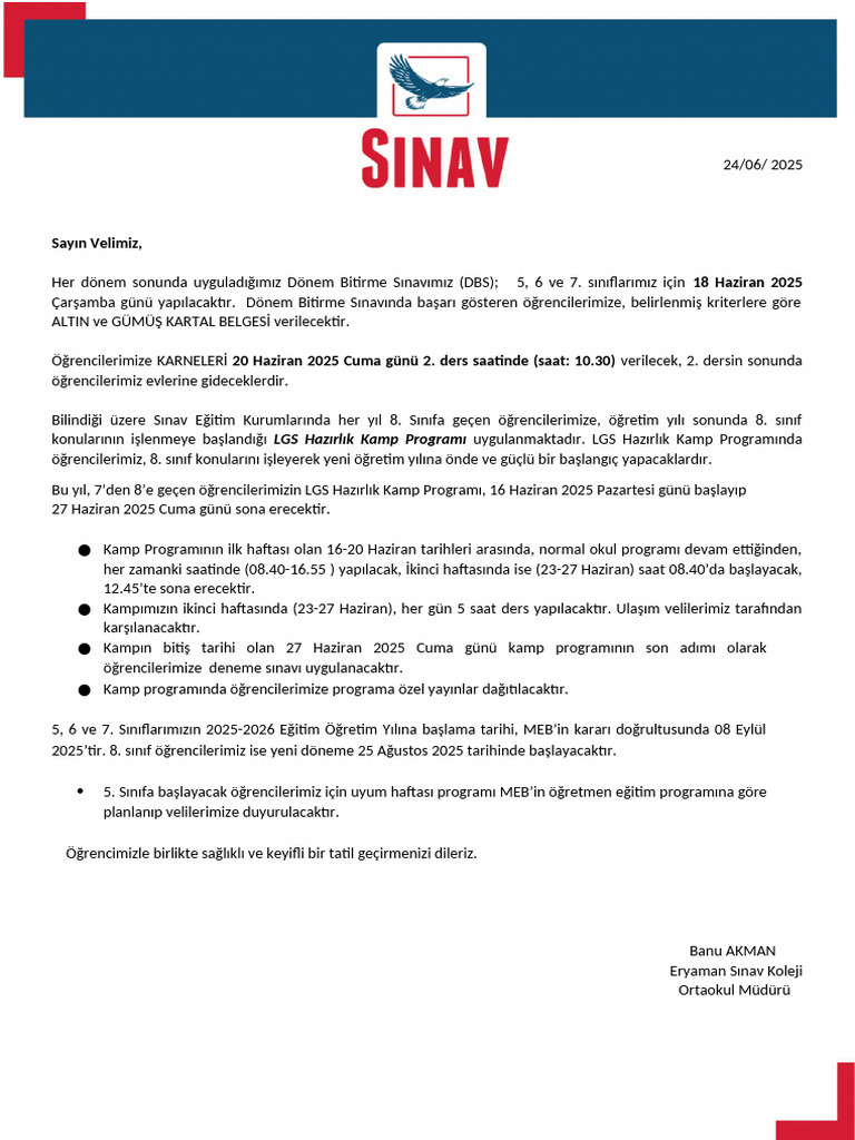 2025 Sene Sonu Veli Bilgilendirme Yazisi | PDF