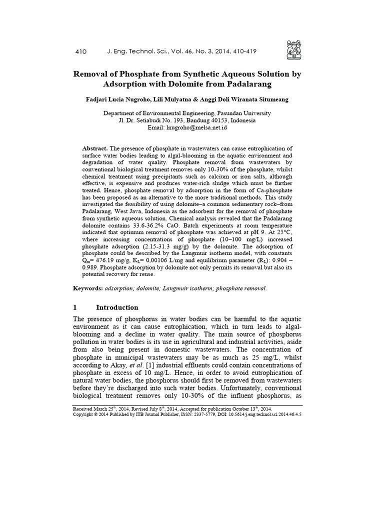 Phosphate Removal Using Dolomite Adsorption | PDF | Adsorption ...