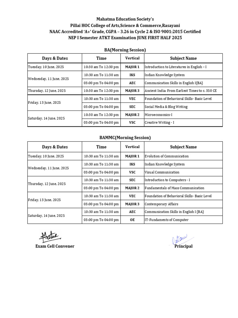 Nep Sem I Atkt - Examination Time Table - June First Half 2025 | PDF