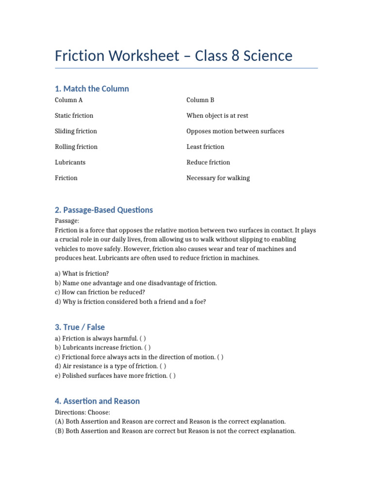 Friction Worksheet Class8 With Diagram | PDF
