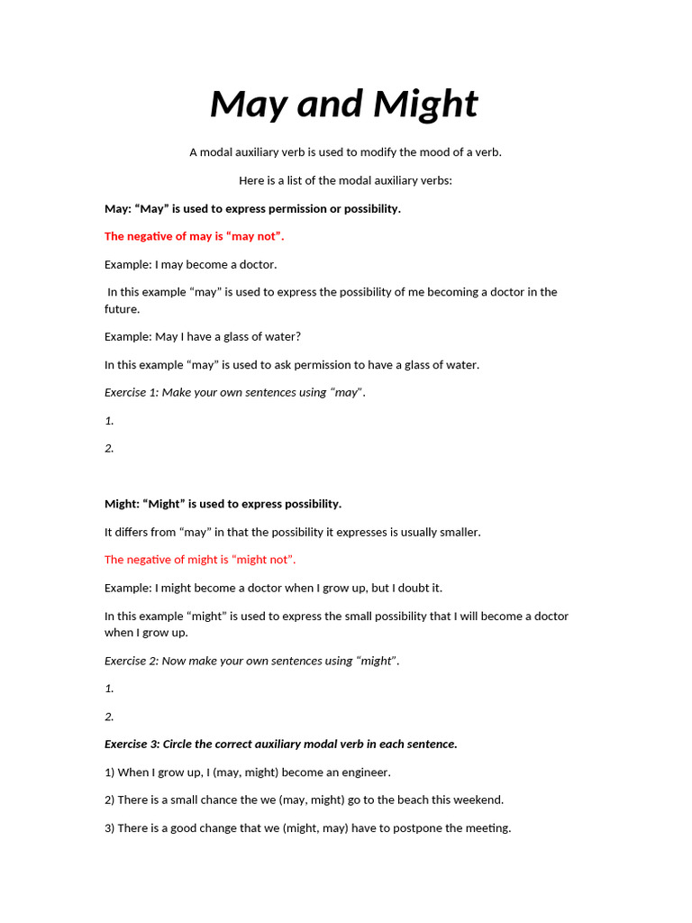 May vs. Might: Exercises and Examples | PDF