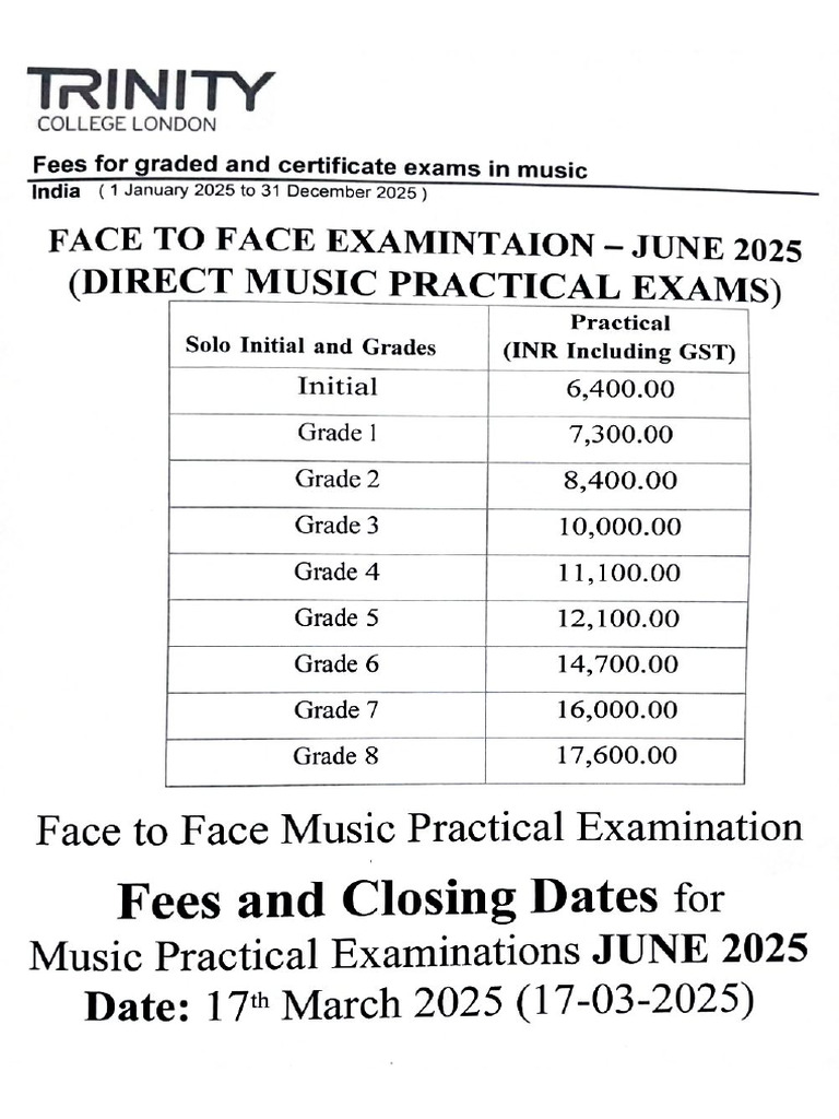 Fees For Face To Face Exams JUNE 2025 | PDF