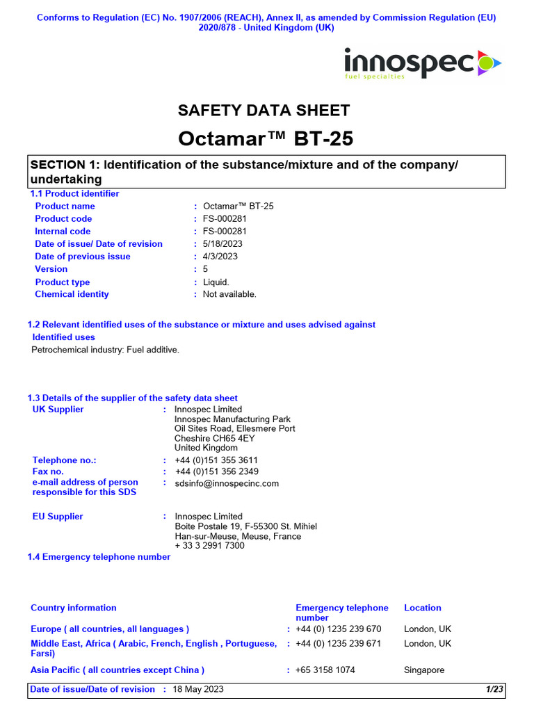 Octamar BT-25 Safety Data Overview | PDF