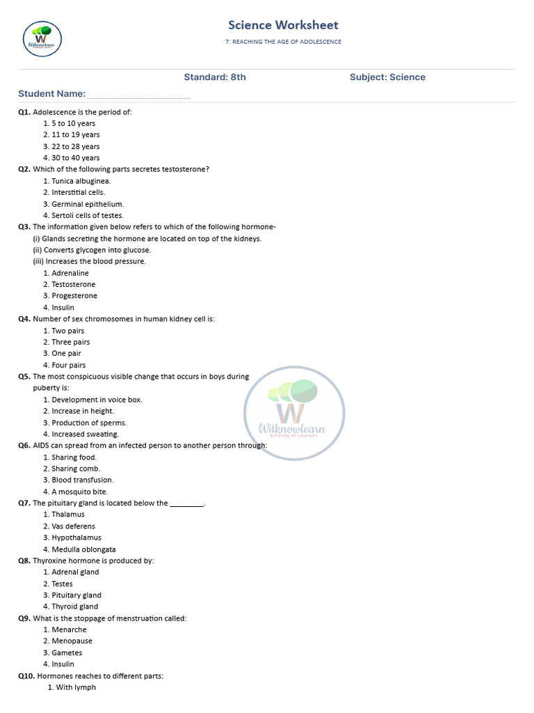 Reaching The Age of Adolescence Class 8 Worksheet With Answer MCQ ...