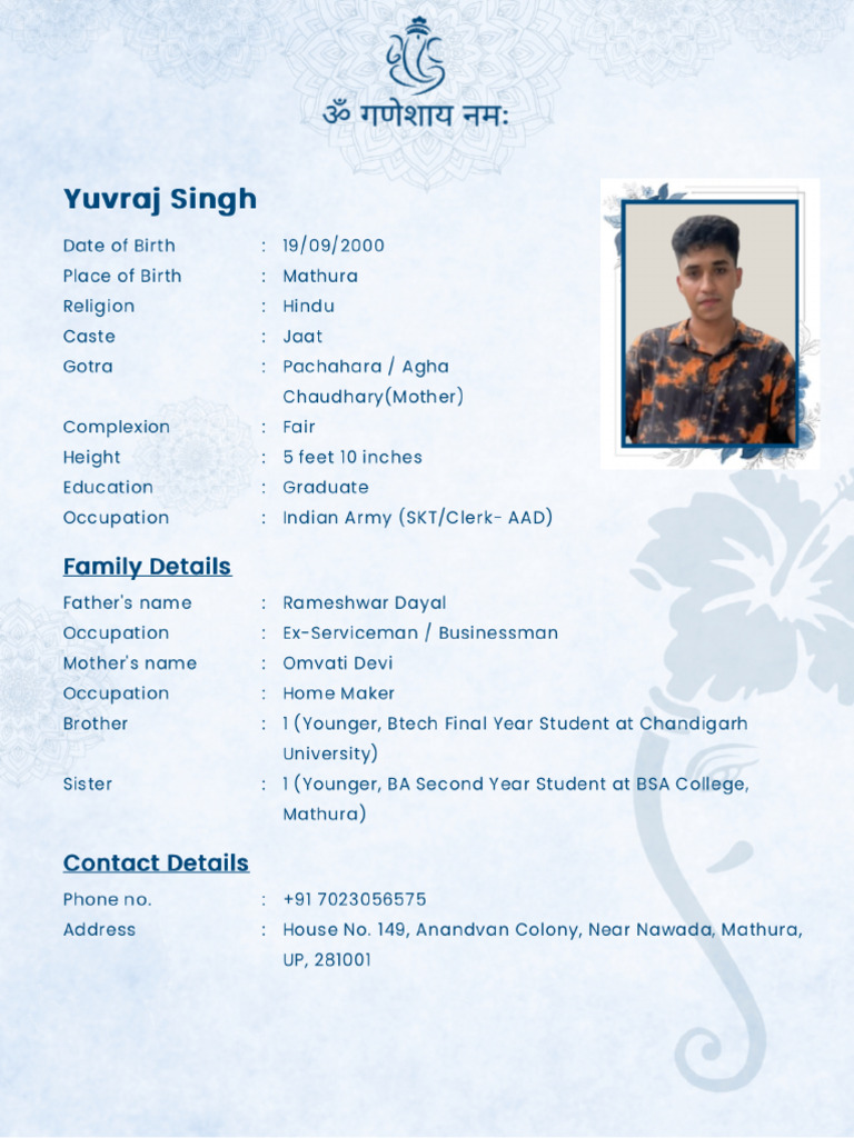 Yuvraj Singh Marriage Biodata | PDF