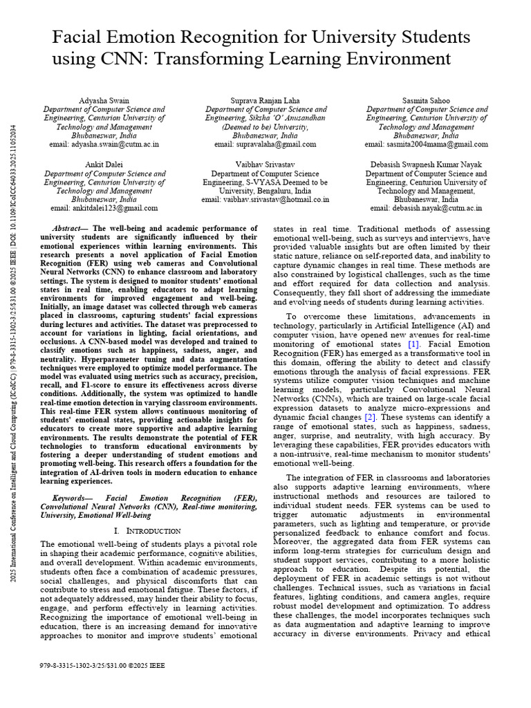 Facial Emotion Recognition For University Students Using CNN Transforming Learning Environment ...