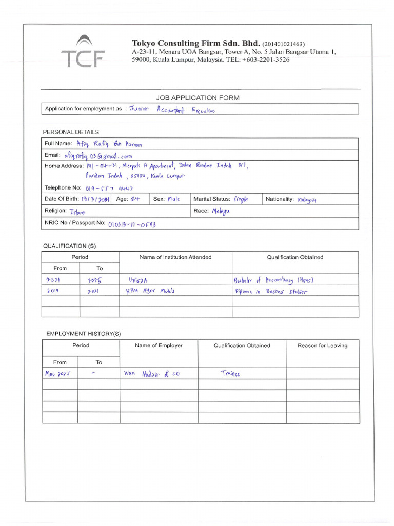TCF Job Application Form - Afiq Rafiq | PDF