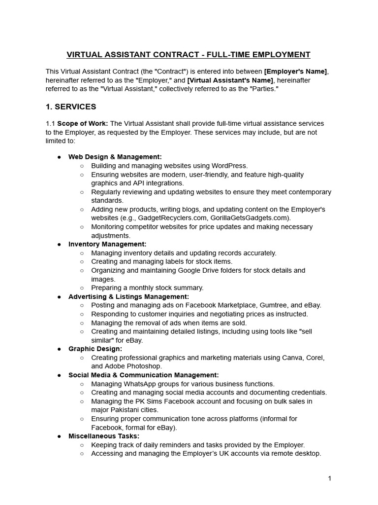 PK Virtual Assistant Contract - Full-Time Employment | PDF | Employment ...