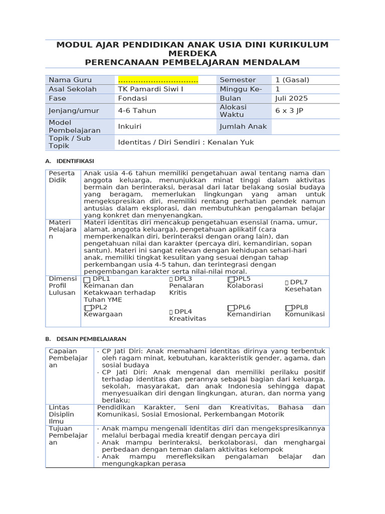 Modul Ajar PAUD: Kenalan Yuk | PDF