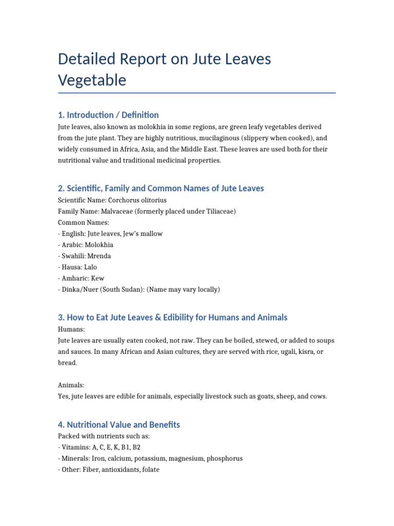 Nutritional and Economic Benefits of Jute Leaves | PDF | Foods