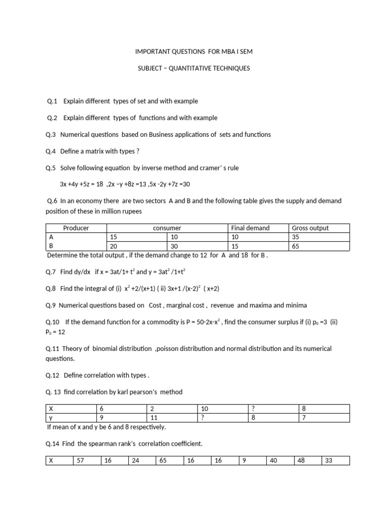 New Important Questions For Mba I Sem | PDF | Demand | Linear Regression