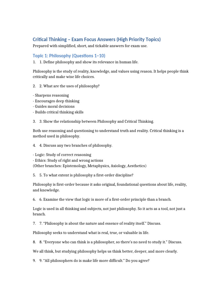 Critical Thinking Exam Guide: Key Topics | PDF | Critical Thinking ...