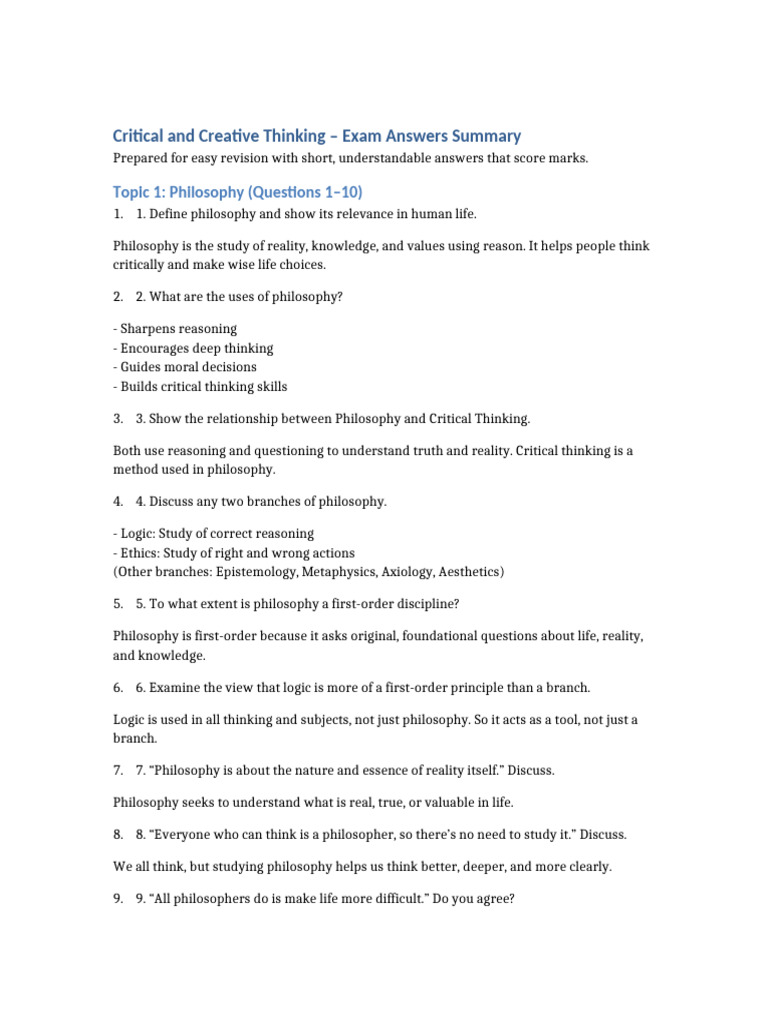 Critical Philosophy and Thinking Overview | PDF | Critical Thinking ...