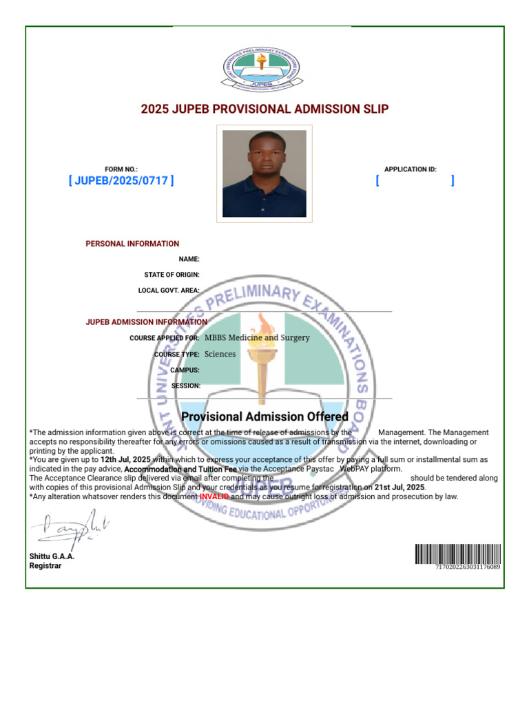 Provisional Admission Slip for Nnaekezie Stephen Chikosolu Jupeb 2025 0717 Jupeb Programme | PDF