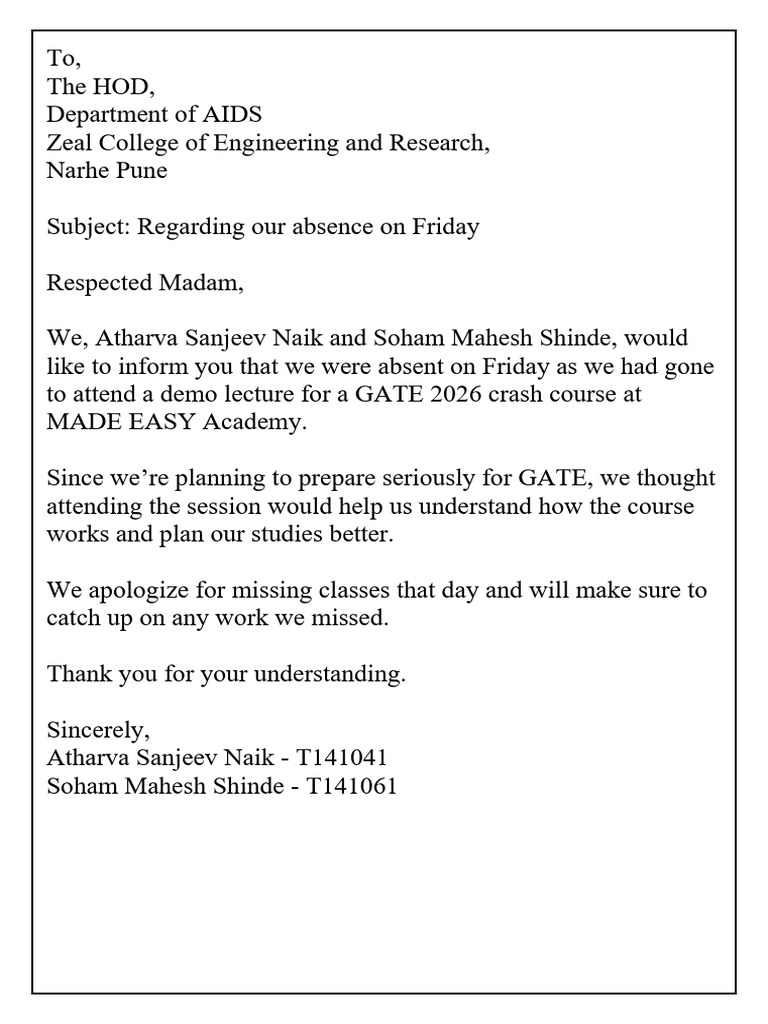 Absence Notification for GATE Lecture | PDF