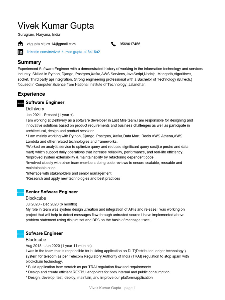 Resume Vivek Kumar Gupta01 | PDF | Postgre Sql | Software Development