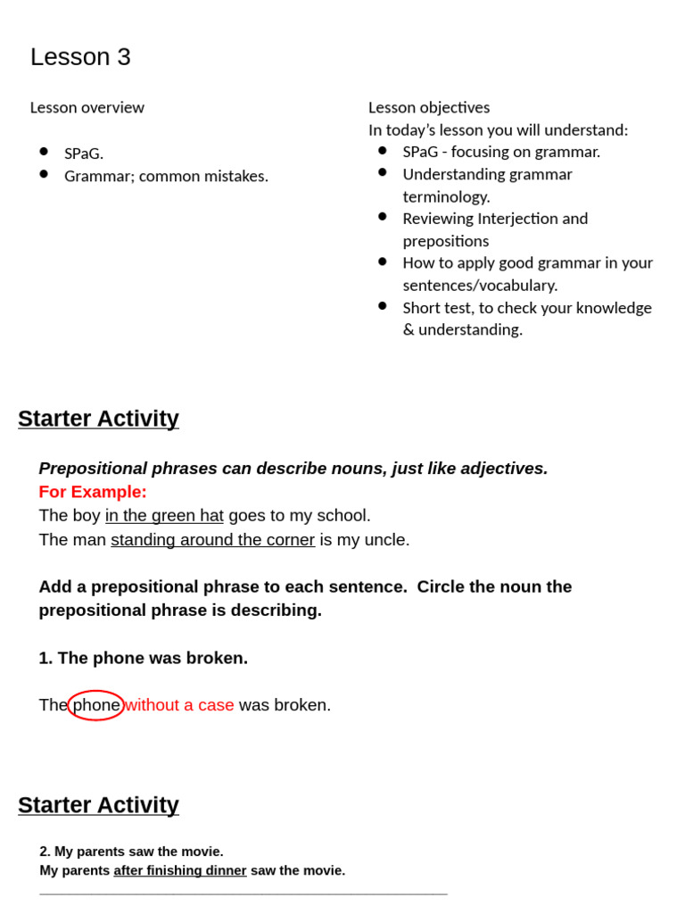 Lesson 3 Prepositional Phrases and Interjections | PDF | Linguistics ...