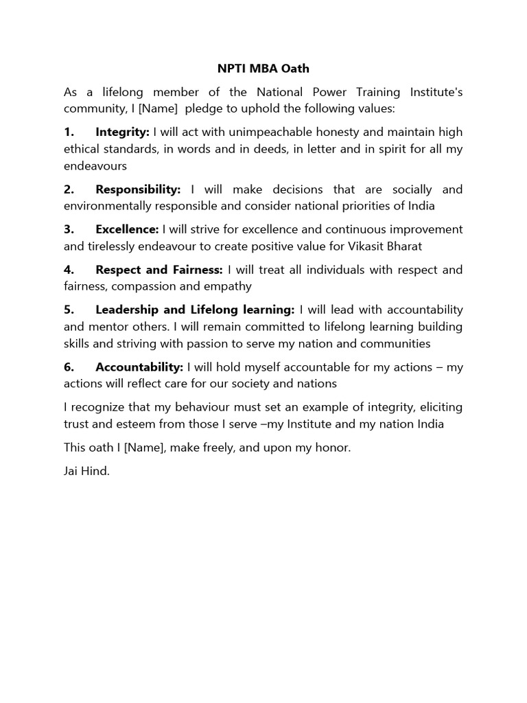 MBA Oath English and Hindi (Revised) | PDF