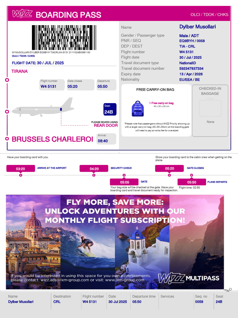 Wizz Air Boarding Pass for Dylber Musollari | PDF | Aviation | Transport