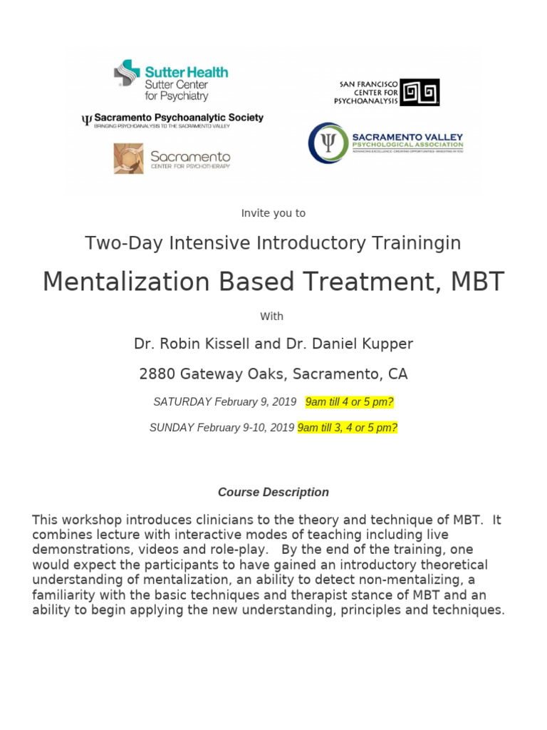2019 Intensive Training in MBT | PDF | Psychotherapy | Disability