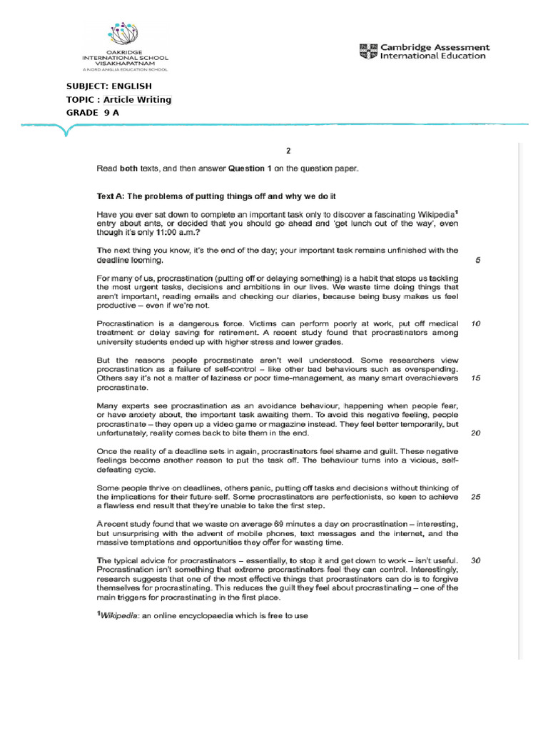 T - Worksheet Article Writing 9A 21 July | PDF