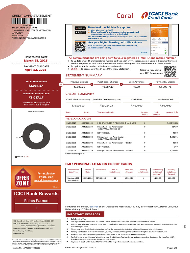 ICICI Bank Credit Card Statement Summary | PDF | Credit Card | Payments