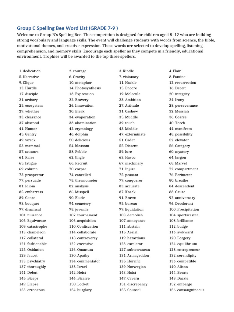 Grade 7-9 Spelling Bee Word List | PDF | Linguistics