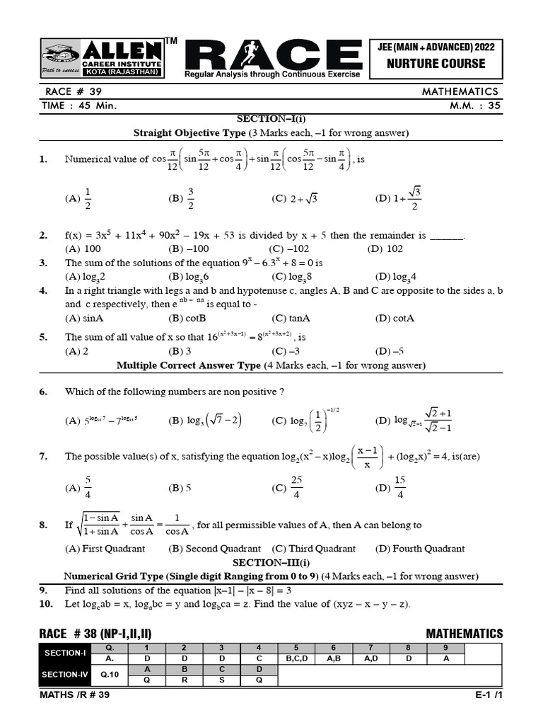 Maths - Race#039 | PDF | Elementary Mathematics | Trigonometry
