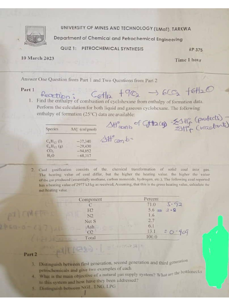 Petrochemical Synthesis Quiz 1 | PDF