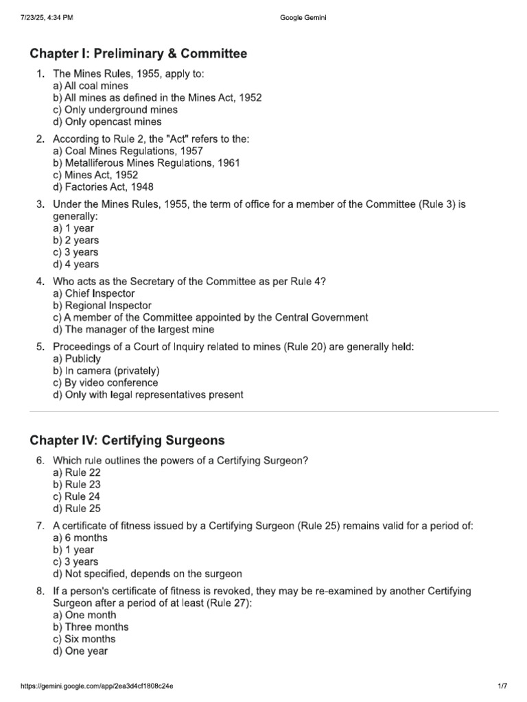Mine Rules 1955 - 50 MCQ | PDF
