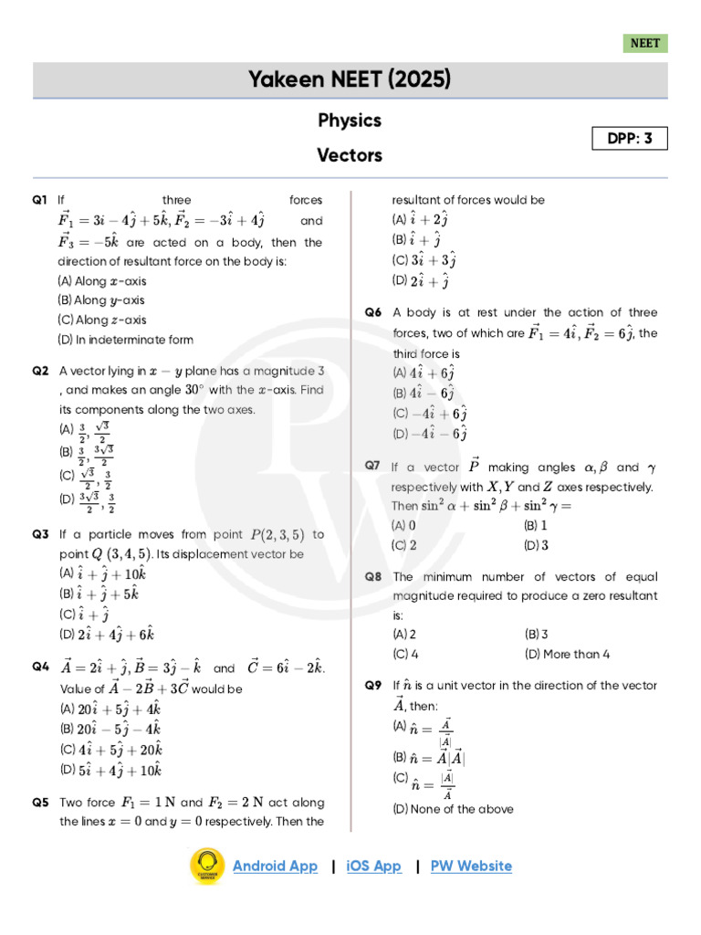 Vector - DPP 03 (Of Lec-05) - Yakeen NEET 2025 PDF | PDF | Linear Algebra | Motion (Physics)