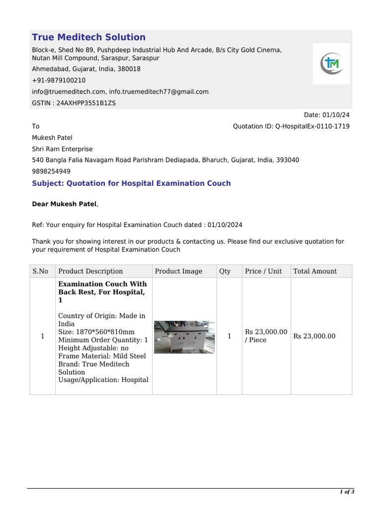 Quotation For Hospital Examination Couch | PDF