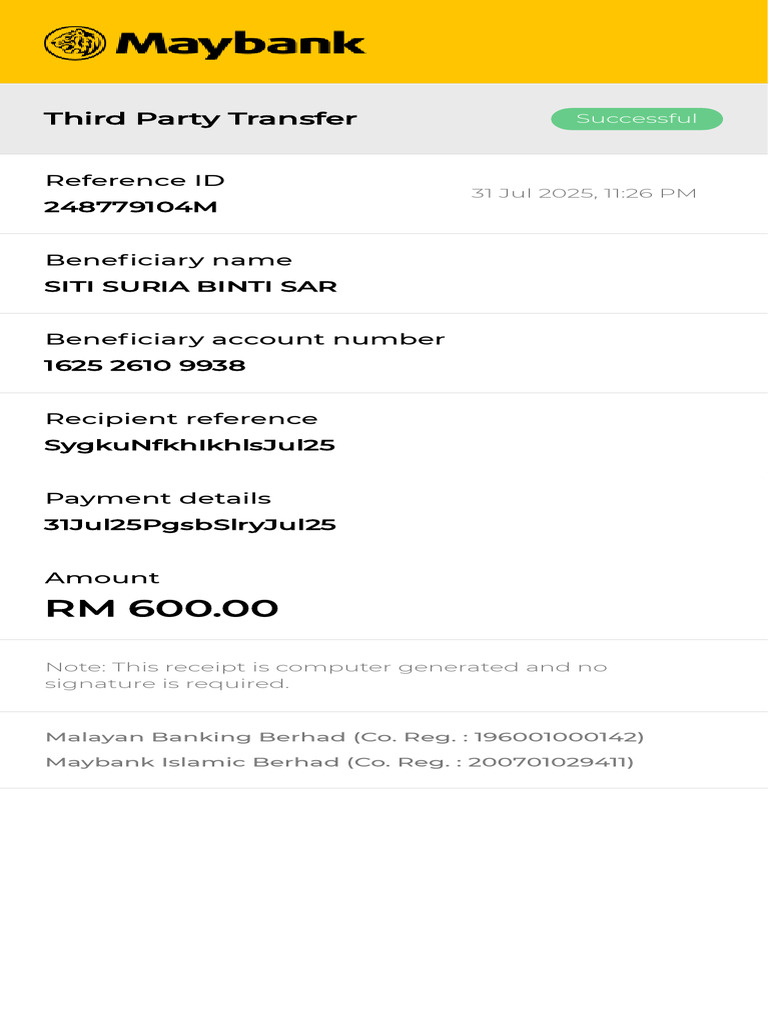 Maybank2u Transfer Receipt Example | PDF