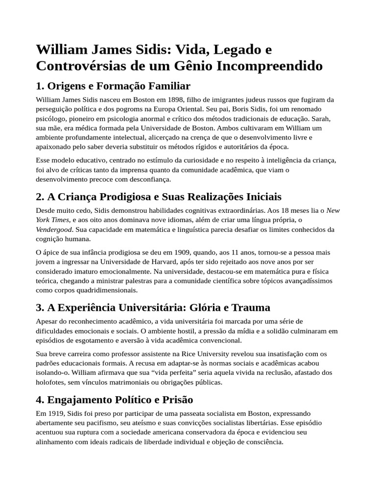 William James Sidis: Gênio e Reclusão | PDF | Psicologia