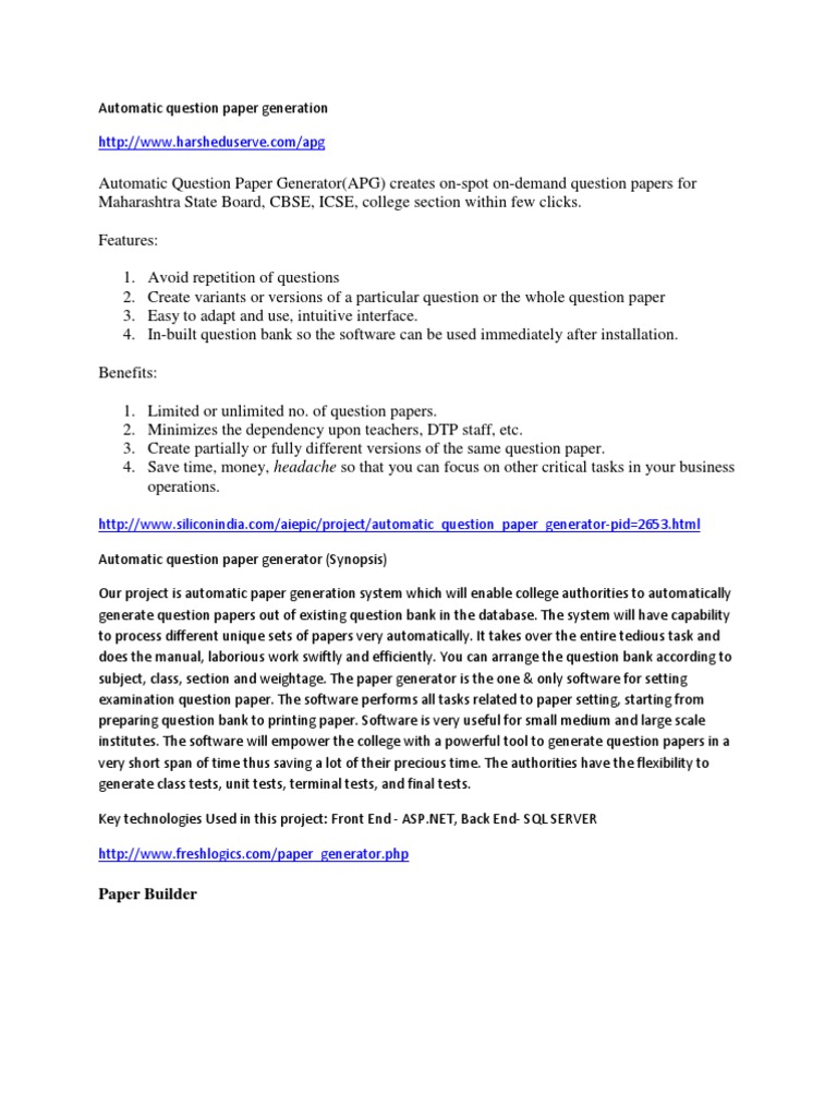 Automatic Question Paper Generator Software | PDF | Test (Assessment ...