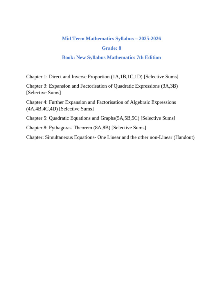 G8 Mid Term Mathematics Syllabus - 2025-2026 | PDF