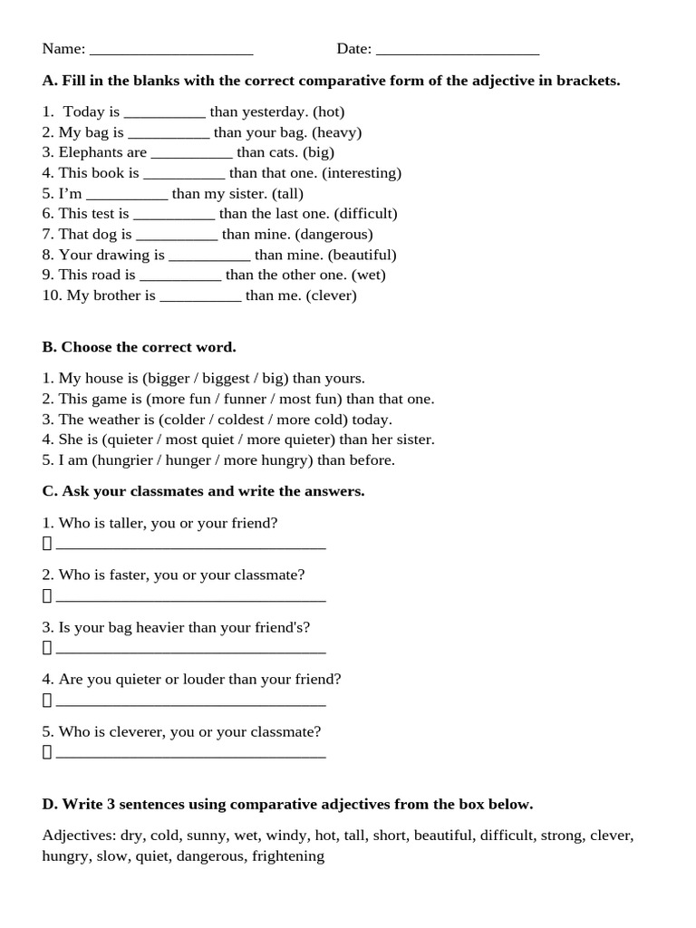 Comparative Degree Worksheet | PDF
