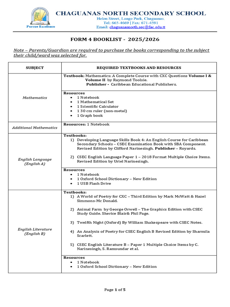 CNSS - Form 4 Book List 2025 2026 | PDF | Notebook