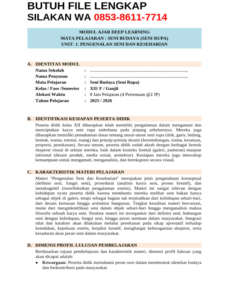 Modul Ajar SBK Seni Rupa Kelas 12 SMA Pembelajaran Mendalam Terbaru 2025 | PDF