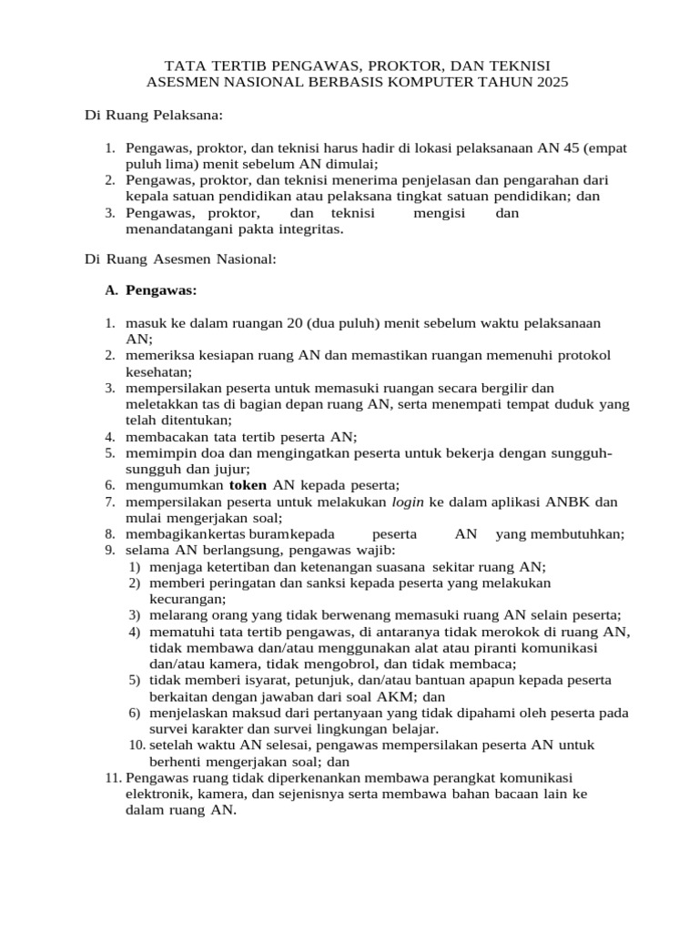 Tata Tertib Pengawas Proktor Dan Teknis Anbk 2025 | PDF