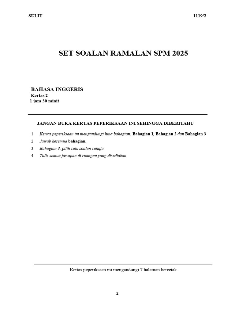 SPM 2025 English Trial Question Set | PDF