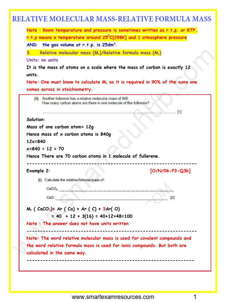 3.3.3 IGCSE Chemistry Notes Relative Molecular Mass Formula Mass | PDF ...