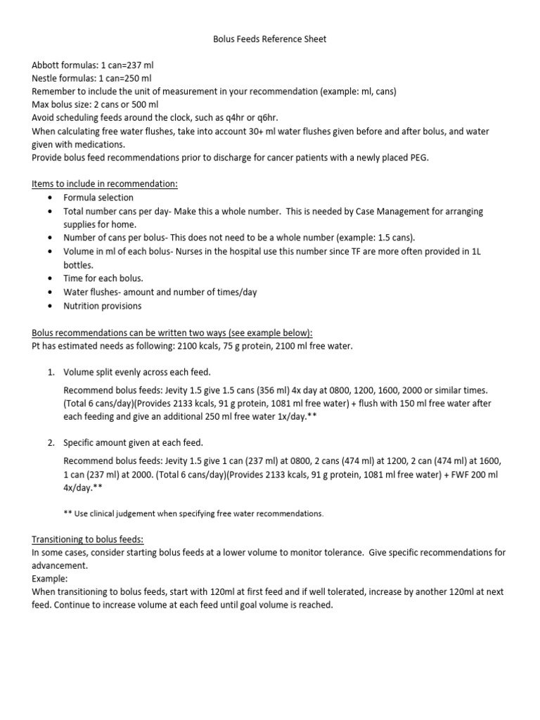 Bolus Feeds Reference Sheet | PDF