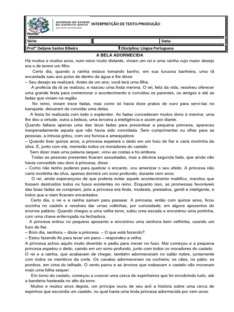 INTERPRETÇÃO DE TEXTO 2º Ano Bela Adormecida | PDF | Bela Adormecida