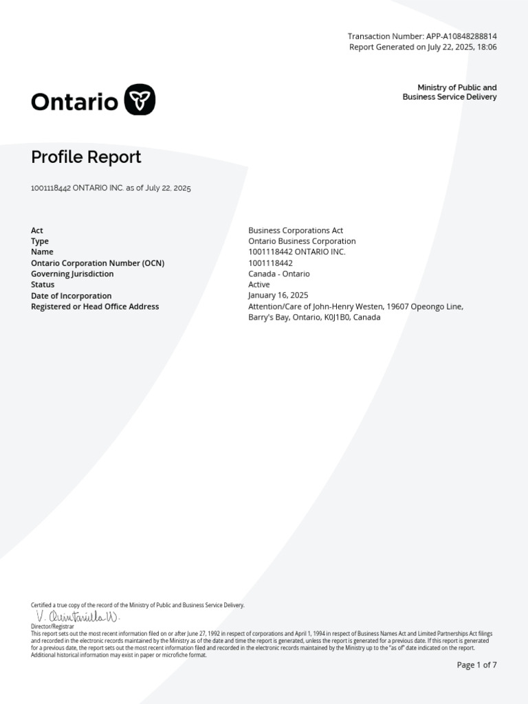 Ontario Corporation Profile Report | PDF | Business Law | Corporations