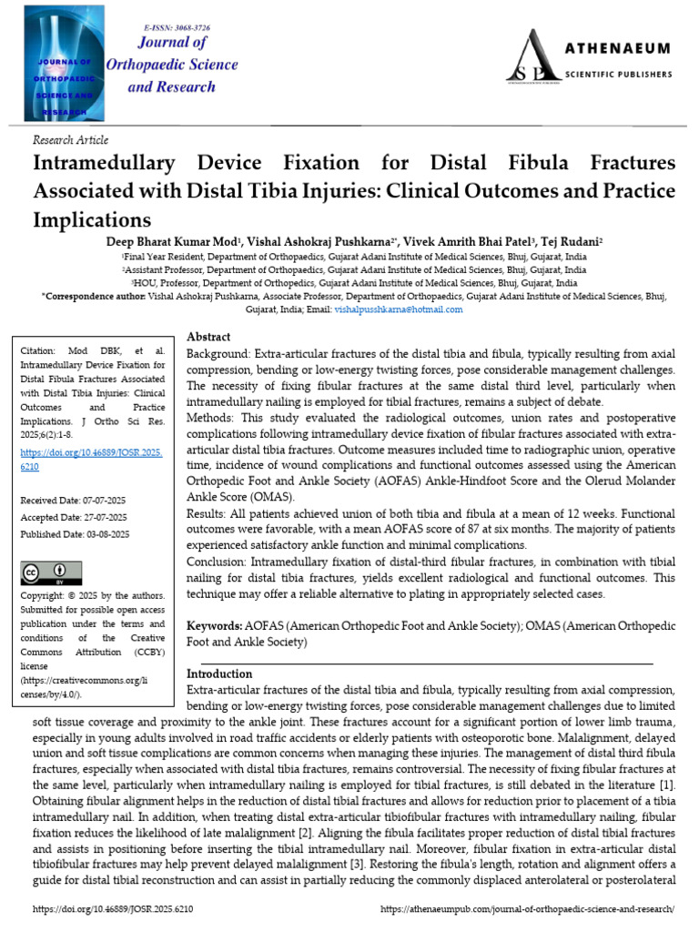 Intramedullary Device Fixation For Distal Fibula Fractures Associated ...