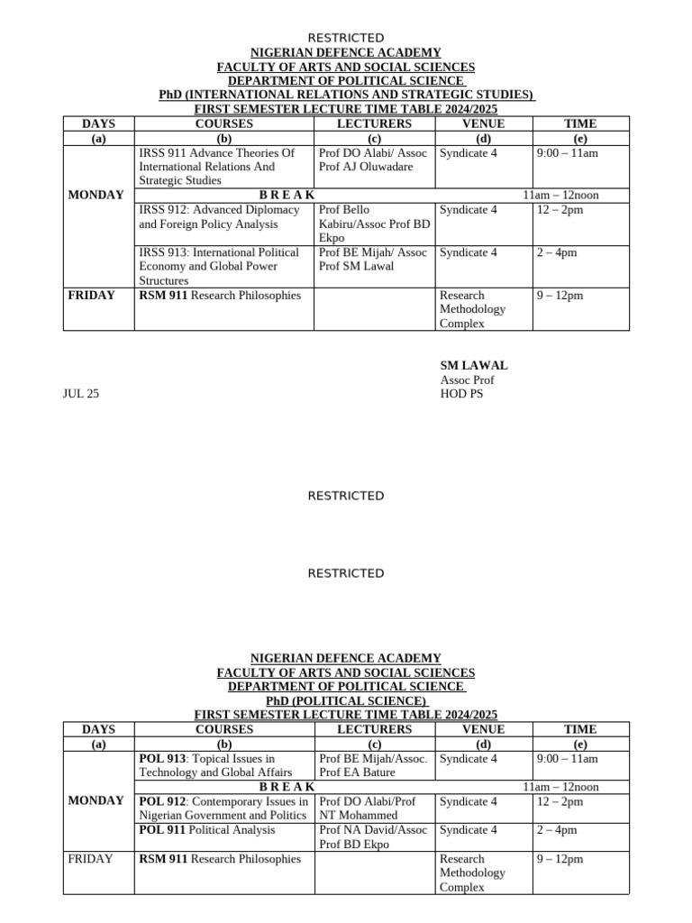 Political Science First Semester Time Table 2024 - 2025 Session - 2025 | PDF | Political Science ...